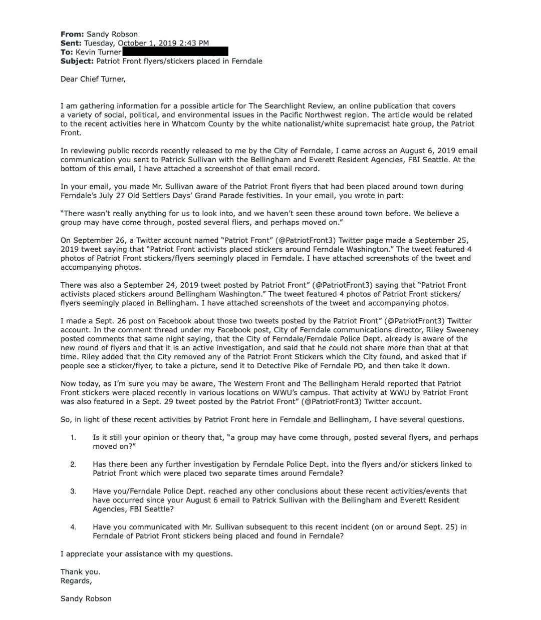 Following up on Patriot Front flyering: Struggling to get answers from ...